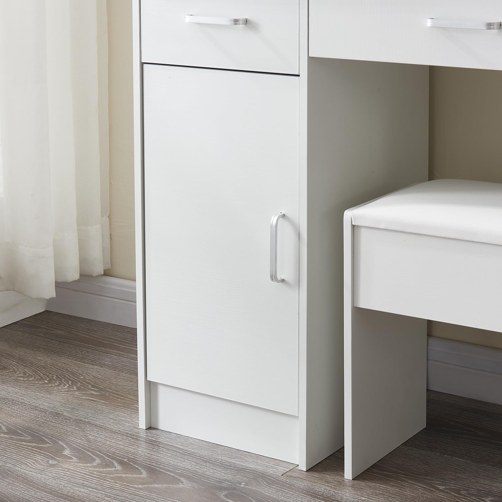 Logimiz Vanity Desk with Mirror and Lights-3 Colors and Brightness Adjustable, Girls Makeup Vanity with Hiding Shelves, White Vanity Set with Cabinets, Drawers and Cushioned Stool