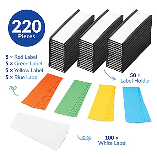 50 Pack"C" Channel Magnetic Label Holders 1x3 with 100 White Card Inserts, 50 Clear Plastic Protectors and Bonus 20 Colorful Cardstock Inserts in Blue, Green, Yellow and Red - Double-Sided Cards