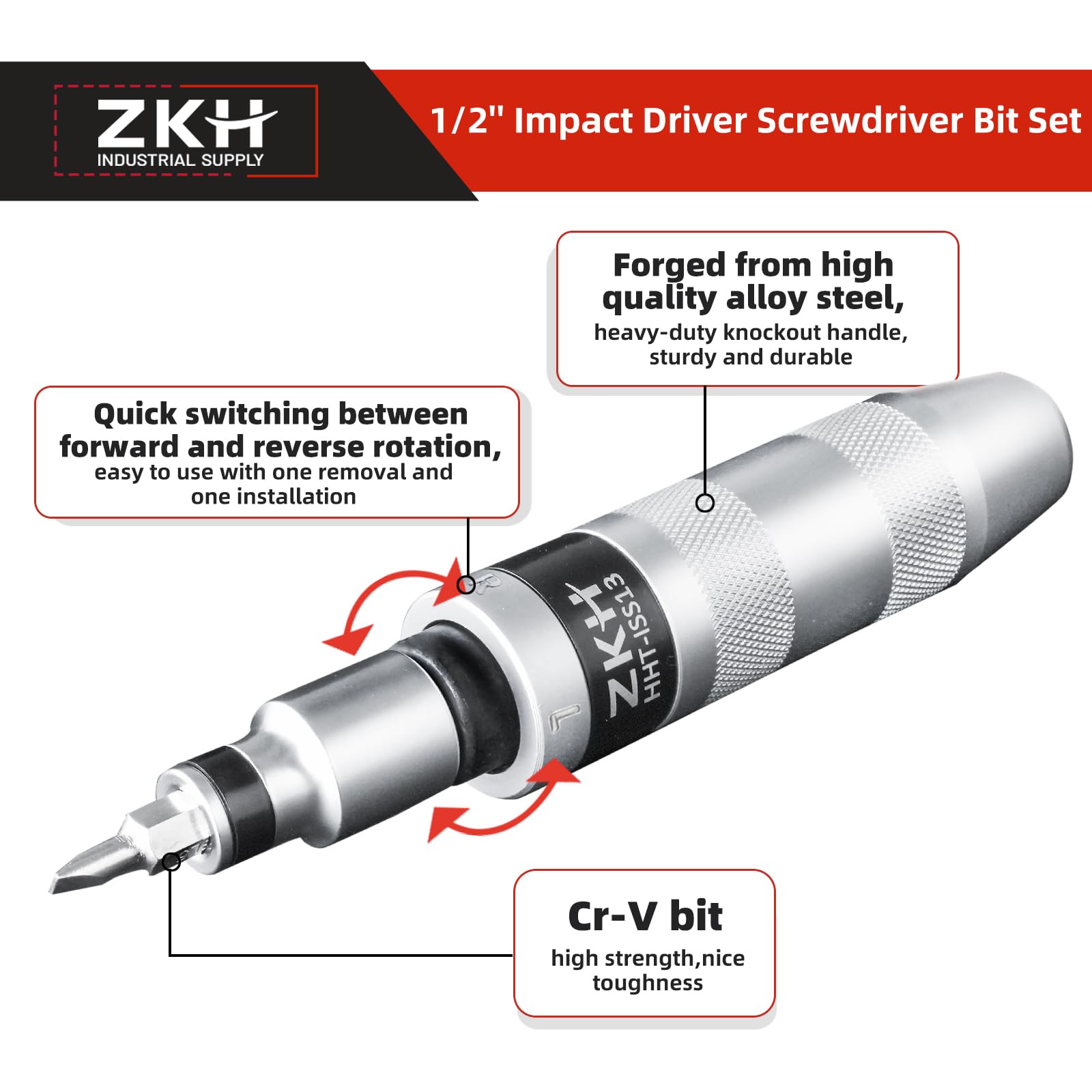 ZKH 1/2" CR-V Hand Impact Screwdriver, Manual Reversible Impact Driver Includes 12-Piece Slotted, Phillips, Hexagonal Bit Set, Disengage Rusted Fasteners or Frozen Bolts, Ideal Hand Tool for Men, Dad