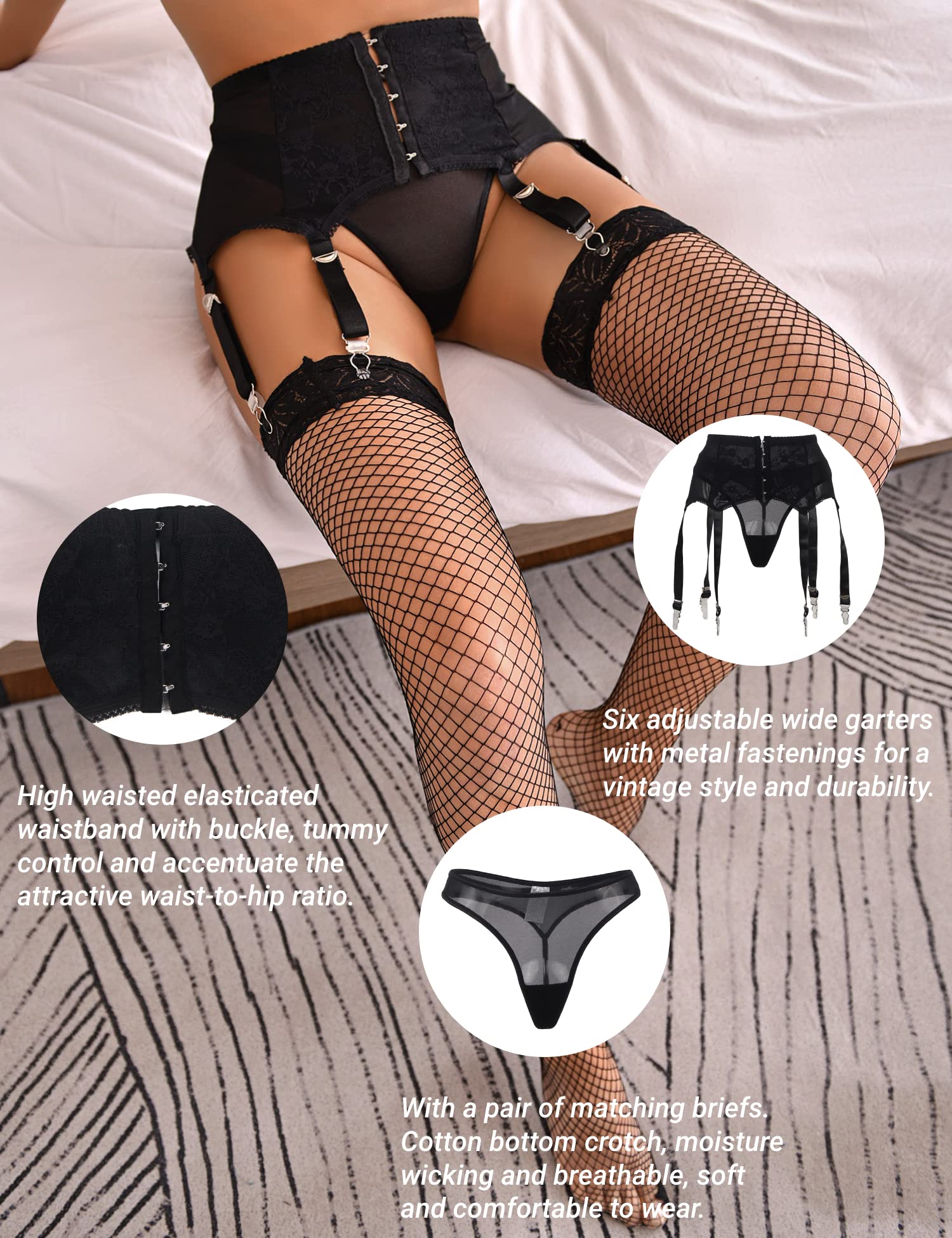 ohmydear Women's Black Lace Garter Belts Plus Size Mesh Suspender Belt with 6 Straps Metal Clip for Thigh High Stockings