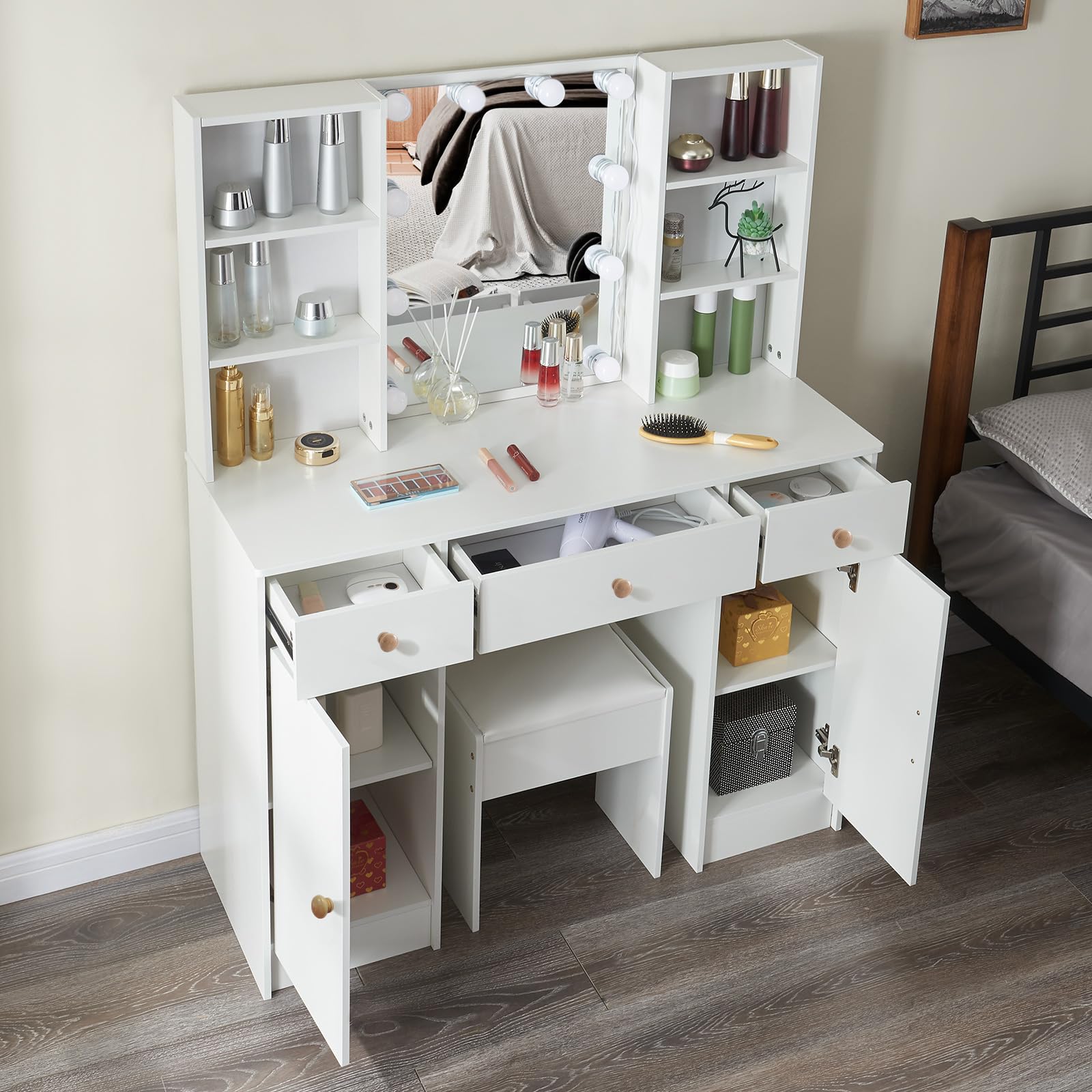 JBLCC Makeup Vanity Desk with Lights Mirror, Large Vanity Desk with Storage Shelf & Drawers,Makeup Vanity Dressing Table with Cushioned Stool for Bedroom (jbl 3072)