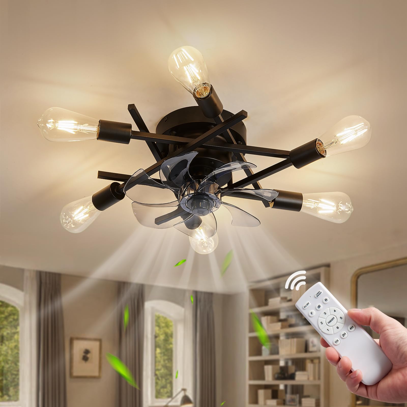 ASGYISA Modern Black Matte Ceiling Fan with Light Industrial 6 Lights Low Profile Flush Mount Fandelier with Remote Control for Farmhouse Kitchen Dining Room Bedroom
