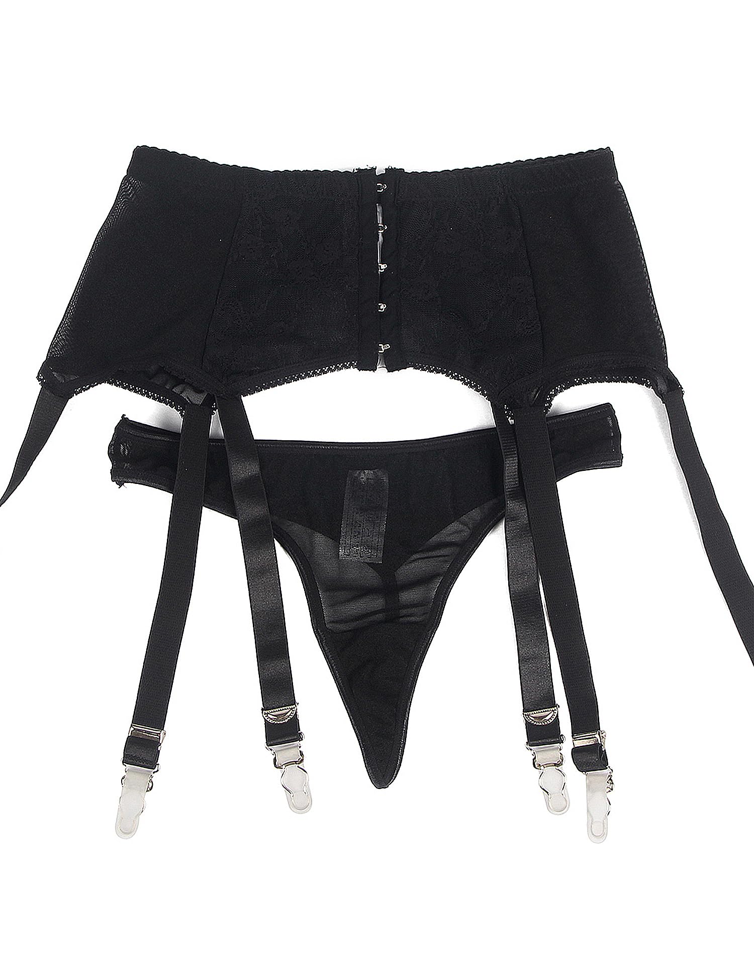 ohmydear Women's Black Lace Garter Belts Plus Size Mesh Suspender Belt with 6 Straps Metal Clip for Thigh High Stockings