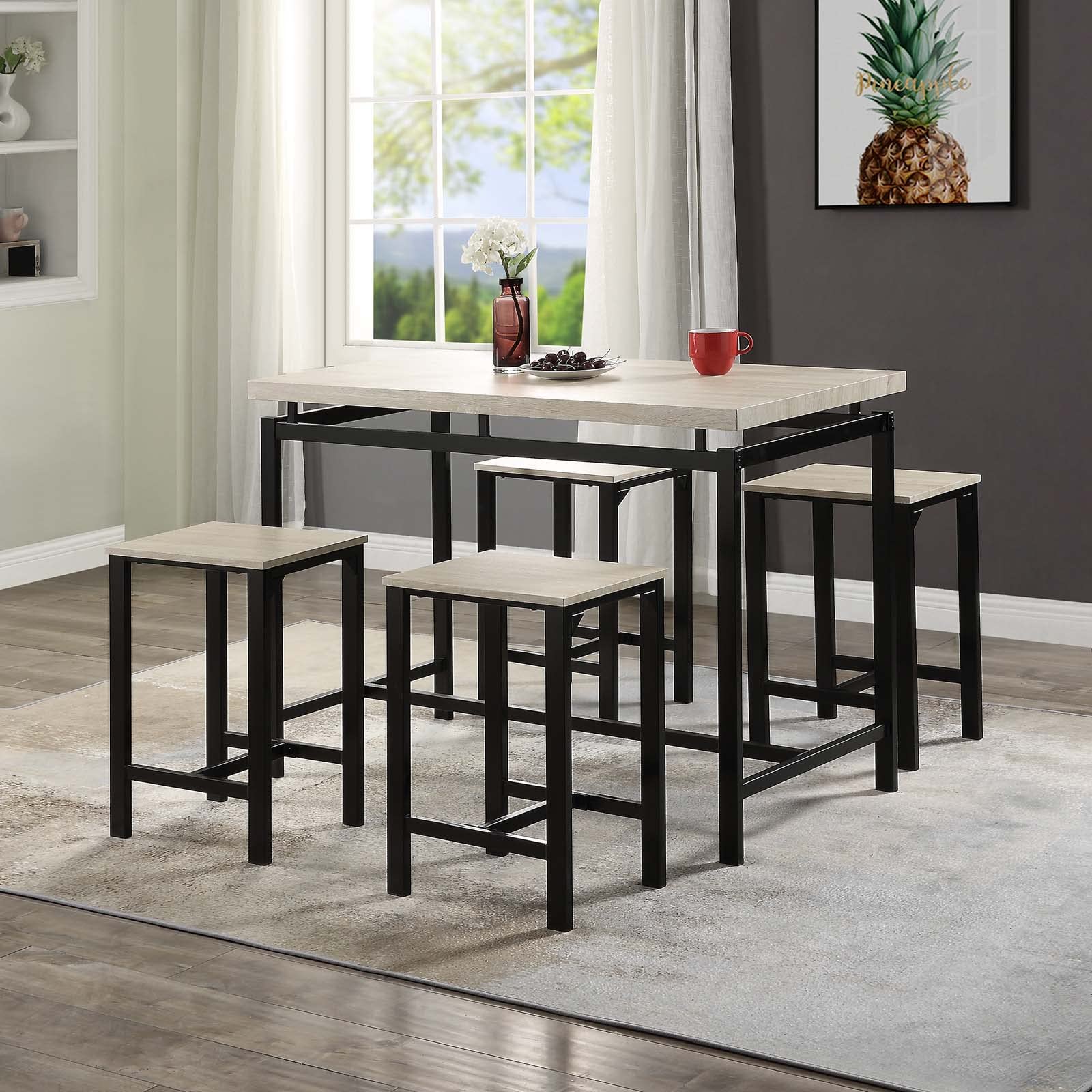 OTRIEK Dining Table Set for 4, 5 Pieces Kitchen Table and Chairs for Small Spaces, Bar Table and Chairs Set, Person Counter Height Table Set with 4 Chairs for Pub Dinner Breakfast (Beige)