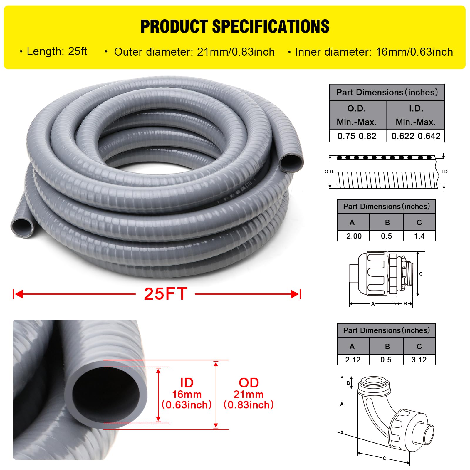 DWALE Liquid-Tight Conduit and Connector Kit,Flexible Non Metallic Liquid Tight Electrical Conduit,1/2inch 25ft Electrical Conduit Kit,with 5 Straight and 3 Angle Fittings Included,1/2 in. Dia