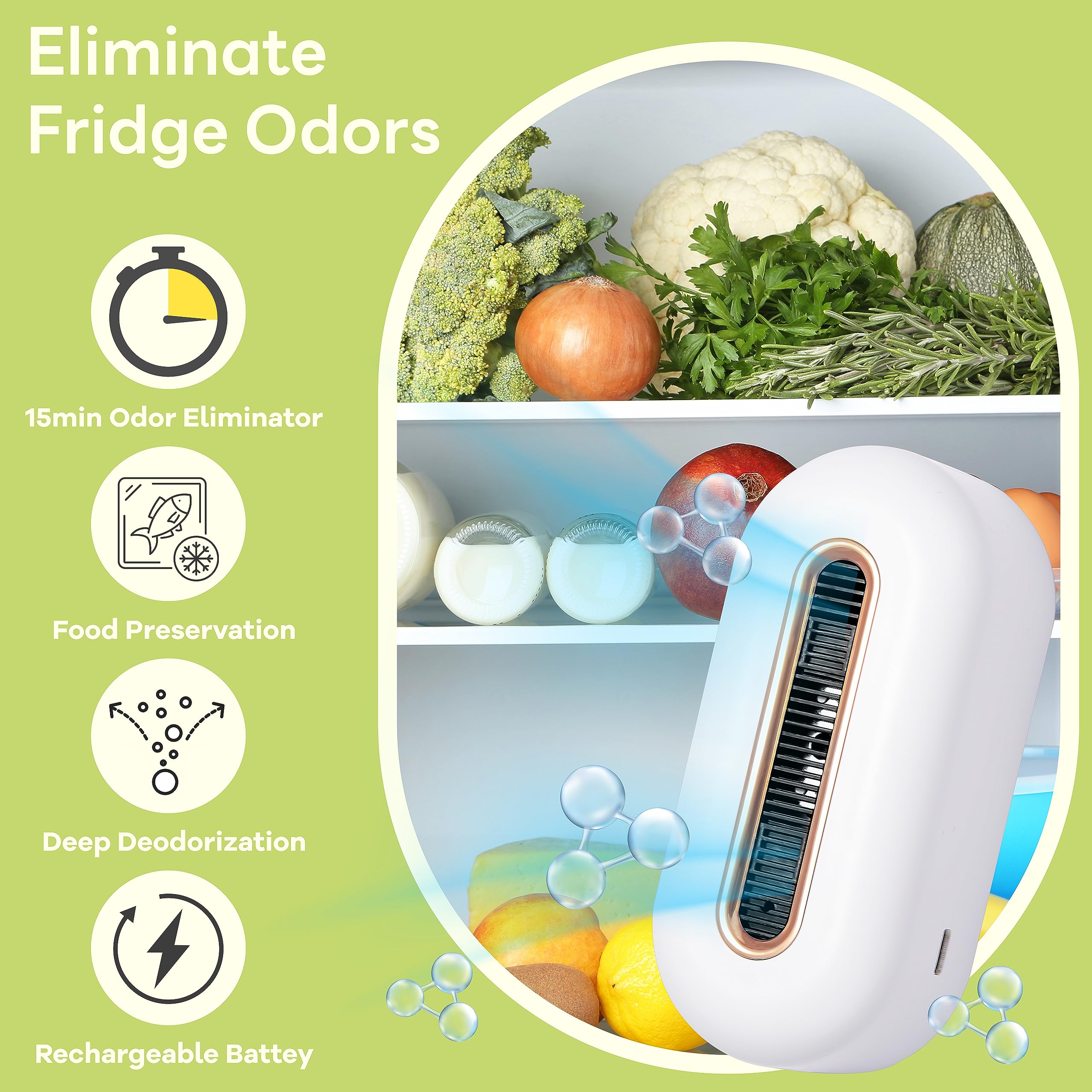 Mini USB Fridge Deodorizer Refrigerator: Odor Eliminator Reusable Ozone Odor Deodorizer USB Rechargeable with Hanging Holder for Fridge, Car, Closet, Wardrobe
