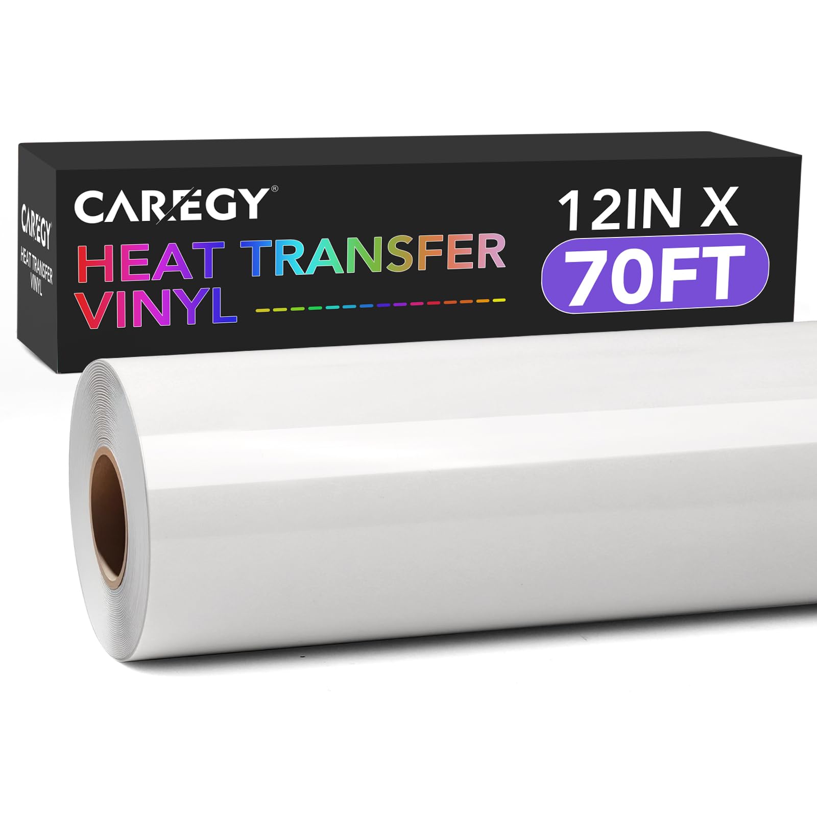 CAREGY 12" x 70FT White Heat Transfer Vinyl for T-Shirts HTV Rolls Iron on Vinyl Easy to Cut Weed Transfer