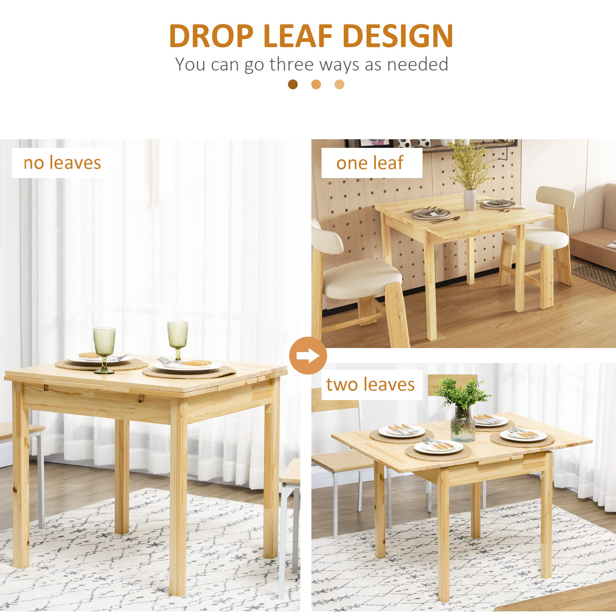 HOMCOM Folding Dining Table with Pine Wood Frame, Drop Leaf Tables for Small Spaces, Foldable Kitchen Table for Dining Room, Natural