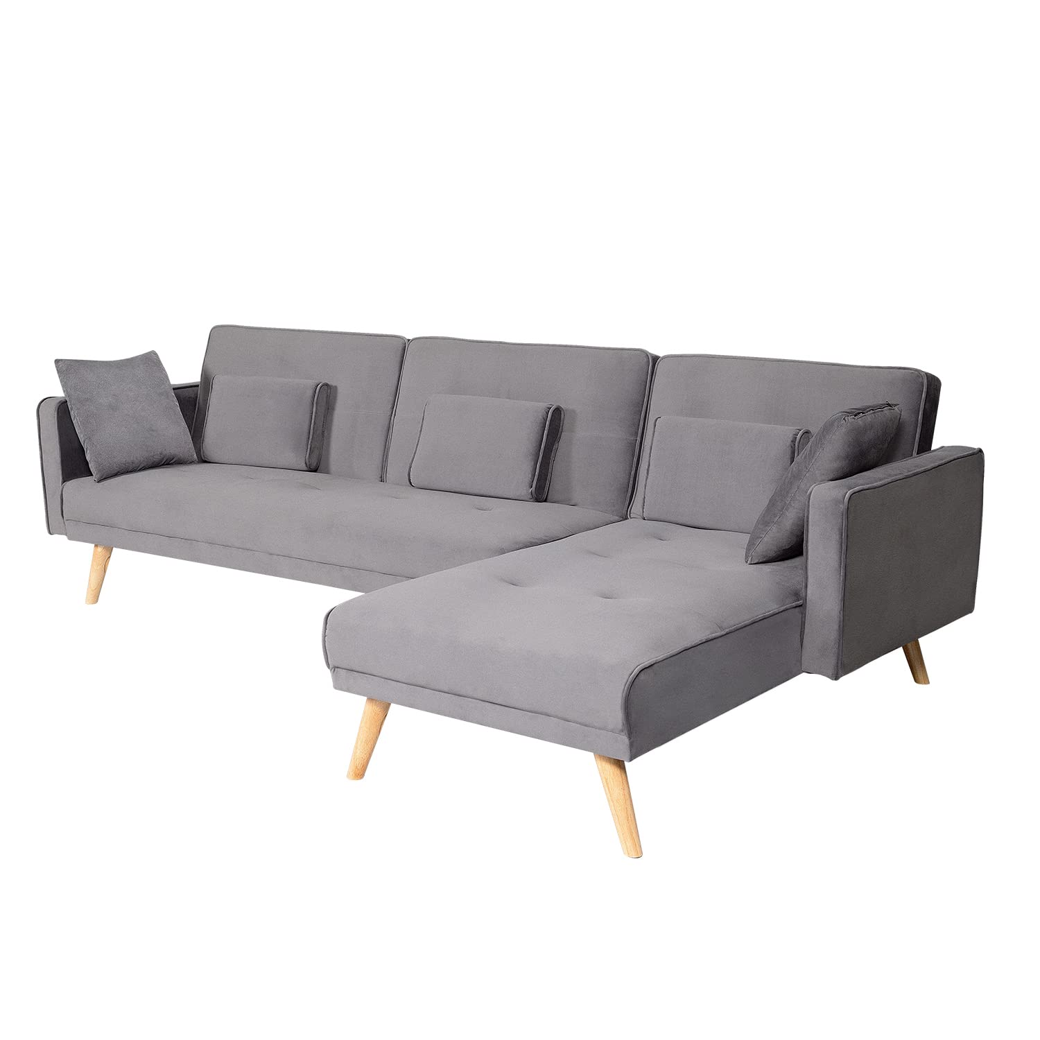 Eafurn L-Shaped Sectional Sofa with Adjustable Backrest and Chaise Lounge,3 Seat Upholstered Sleeper Futon Couch with Solid Wood Legs,Right Hand Facing Tufted Seater Sofa & Couch with 5 Pillows