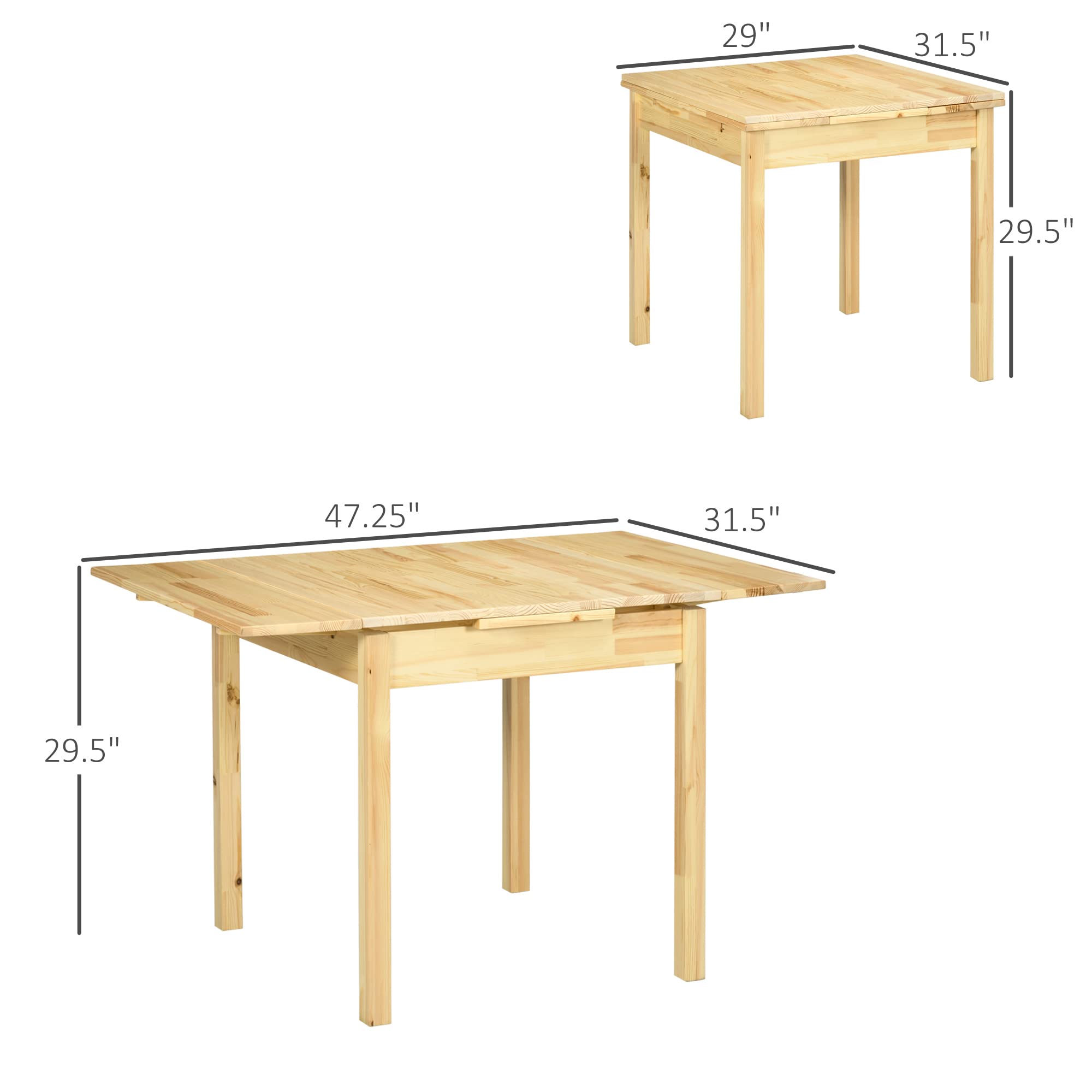 HOMCOM Folding Dining Table with Pine Wood Frame, Drop Leaf Tables for Small Spaces, Foldable Kitchen Table for Dining Room, Natural