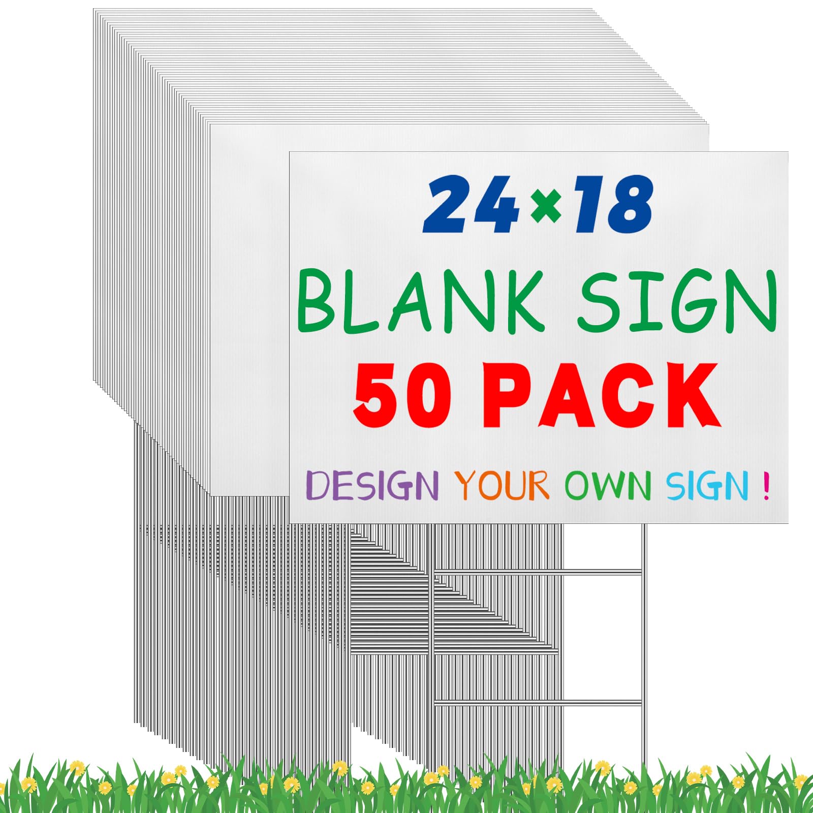 Kigley 50 Pcs Blank Yard Signs with H Stakes 24 x 18 Inch Corrugated White Plastic Yard Signs Kit Includes 50 Pcs Lawn Signs 50 Pcs Metal H Stakes 10 x 24 Inch for Campaign Business Garage Rent