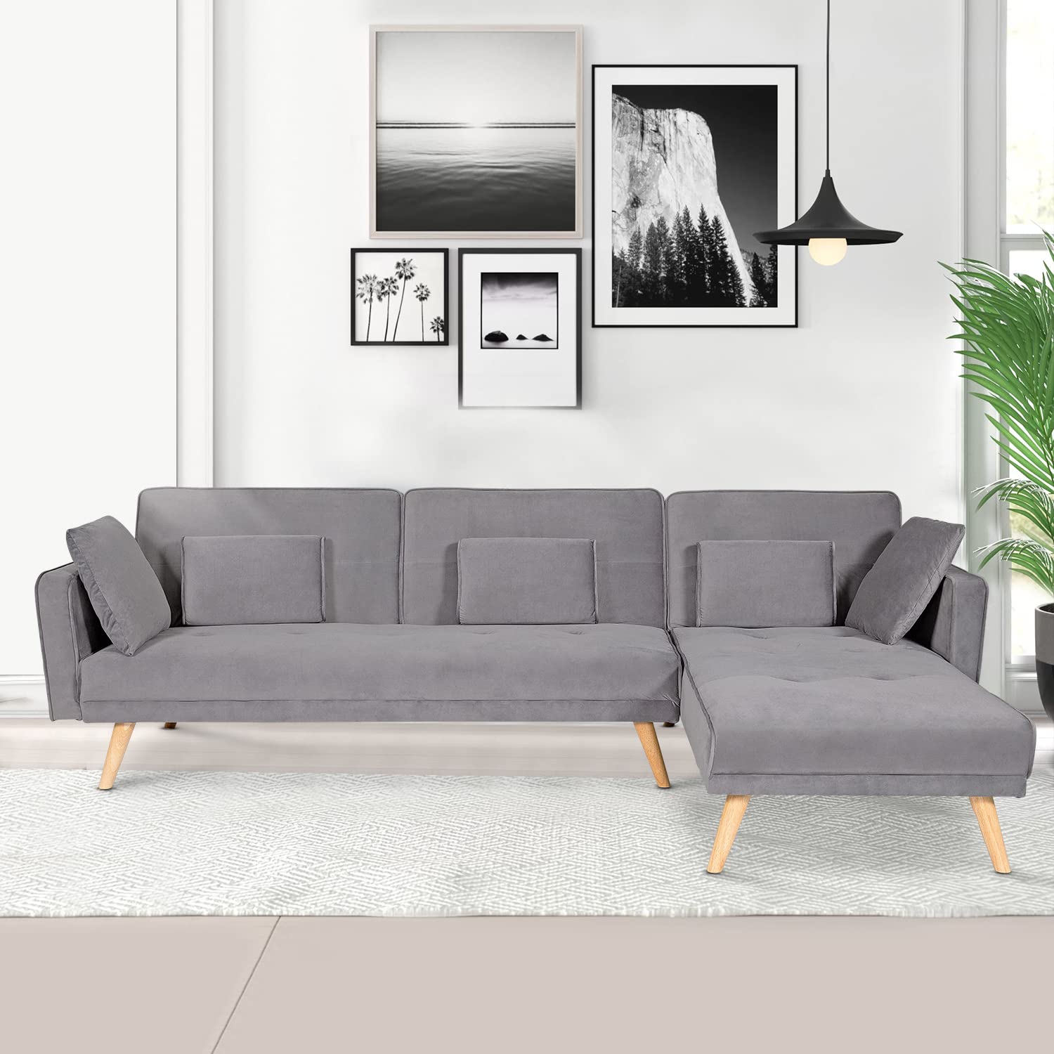 Eafurn L-Shaped Sectional Sofa with Adjustable Backrest and Chaise Lounge,3 Seat Upholstered Sleeper Futon Couch with Solid Wood Legs,Right Hand Facing Tufted Seater Sofa & Couch with 5 Pillows
