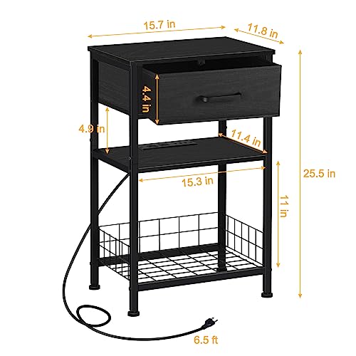 Black Night Stand with Charging Station, Small Bedside Tables with Storage Shelf for Small Spaces, Industrial End Table with Fabric Drawer for Living Room, Bedroom, Office