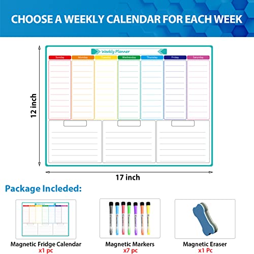 MaxGear Weekly Dry Erase Board for Fridge, Magnetic Calendar Whiteboard Planner for Refrigerator with Stain Resistant Technology, Include 7 Fine Point Markers and 1 Eraser, 17"x12"