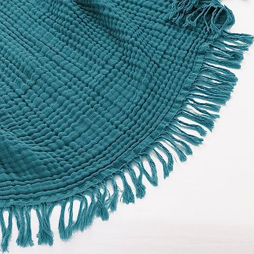 Muslin Throw Blanket, 4-Layer Soft & Breathable Gauze Summer Throw Blanket for Bed, Couch, 50"X60" Lightweight Teal Throw Blanket with Tassels, All Season