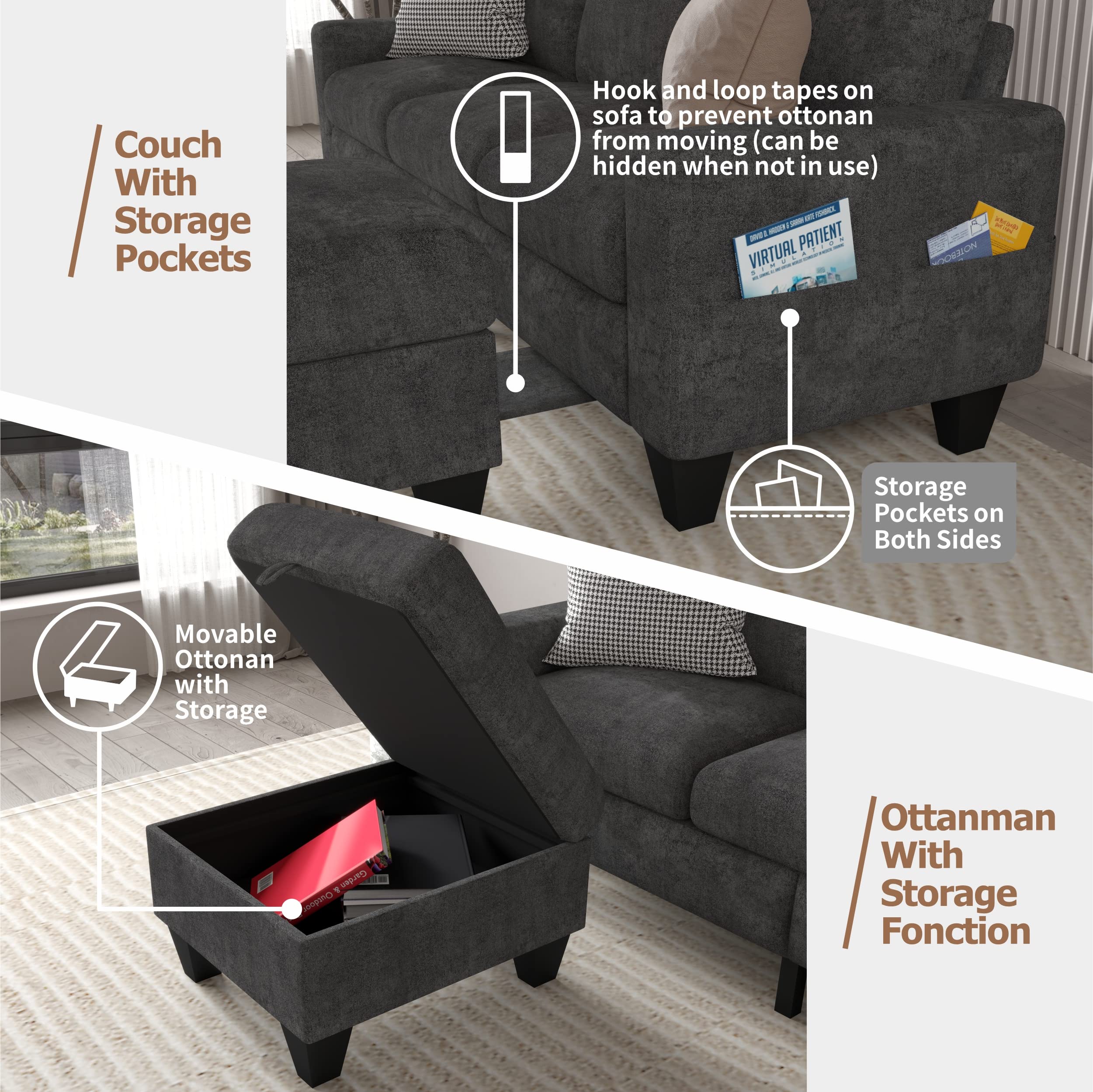 Youmumeub Sectional Sofa, L Shaped Couches for Living Room with Movable Ottoman Small Snowflake Sofas Modular Furniture Set for Apartment Small Space Loft