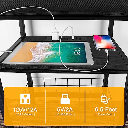 Black Night Stand with Charging Station, Small Bedside Tables with Storage Shelf for Small Spaces, Industrial End Table with Fabric Drawer for Living Room, Bedroom, Office