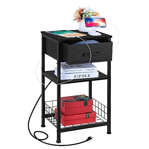 Black Night Stand with Charging Station, Small Bedside Tables with Storage Shelf for Small Spaces, Industrial End Table with Fabric Drawer for Living Room, Bedroom, Office