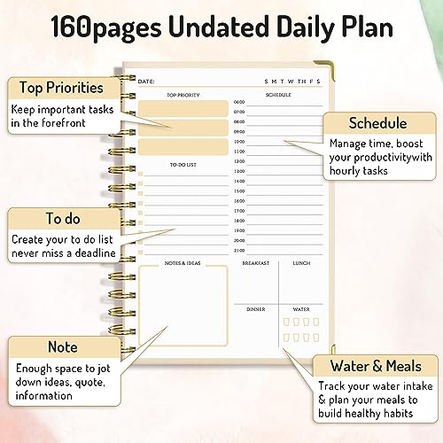 Aesthetic Daily Planner Undated, To Do List Notebook Planner with Hourly Schedule, Hardcover Work Planner - Stay Organized & Boost Productivity, Organizer Notebook for Office School Supplies,160