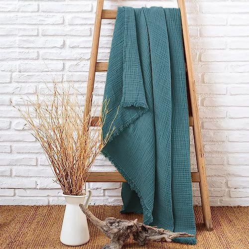 Muslin Throw Blanket, 4-Layer Soft & Breathable Gauze Summer Throw Blanket for Bed, Couch, 50"X60" Lightweight Teal Throw Blanket with Tassels, All Season