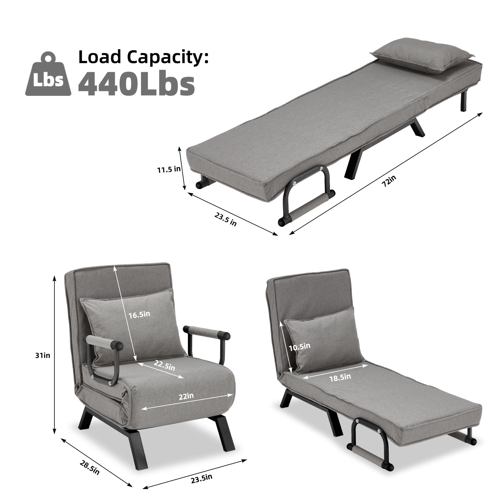 Hupmad Convertible Bed Sleeper Chair,Tri-fold Upholstered Armchair Sleeper with Pillow,Folding Leisure Chaise Lounge Couch with 6 Angle Adjustable Backrest,Single Lazy Bed for Office Apartment