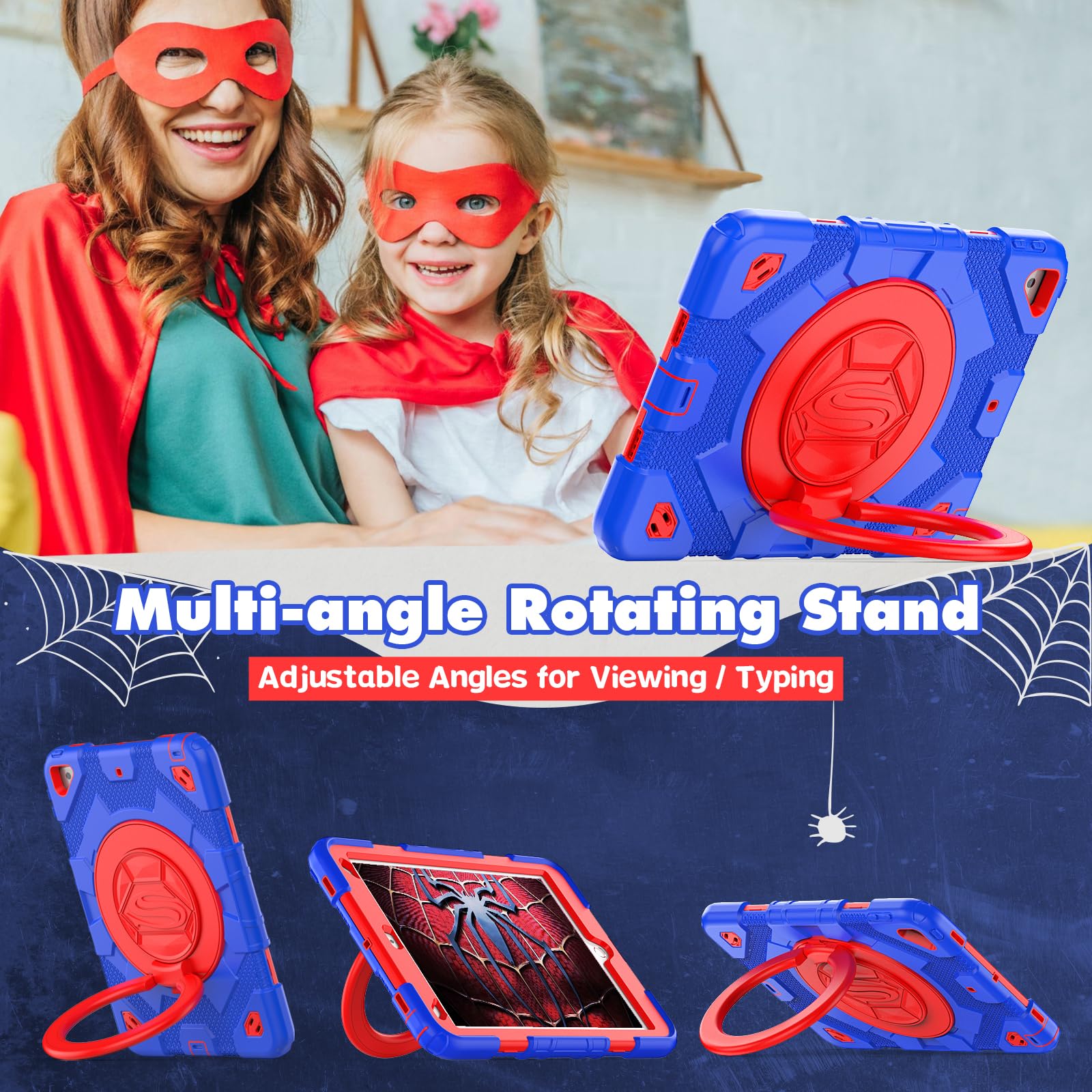 SEYMAC Kids Case for iPad 9th/ 8th/ 7th Generation Case 10.2" 2021/2020/2019, Full-Body Shockproof Heavy Duty Protective Case with Screen Protector, Rotating Stand/Handle/Shoulder Strap, Dark Blue