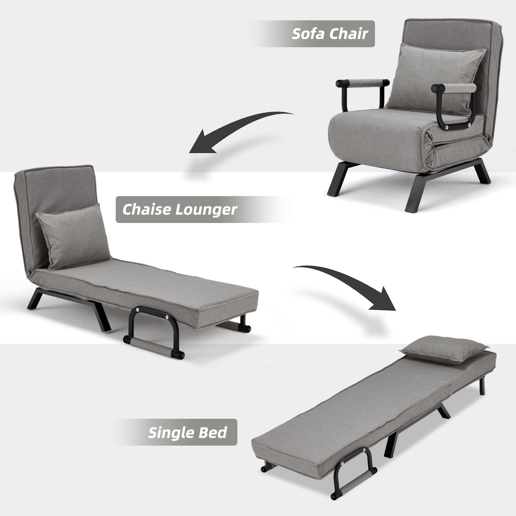 Hupmad Convertible Bed Sleeper Chair,Tri-fold Upholstered Armchair Sleeper with Pillow,Folding Leisure Chaise Lounge Couch with 6 Angle Adjustable Backrest,Single Lazy Bed for Office Apartment