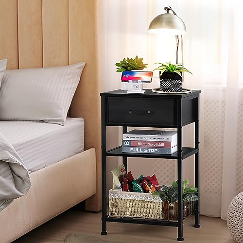 Black Night Stand with Charging Station, Small Bedside Tables with Storage Shelf for Small Spaces, Industrial End Table with Fabric Drawer for Living Room, Bedroom, Office
