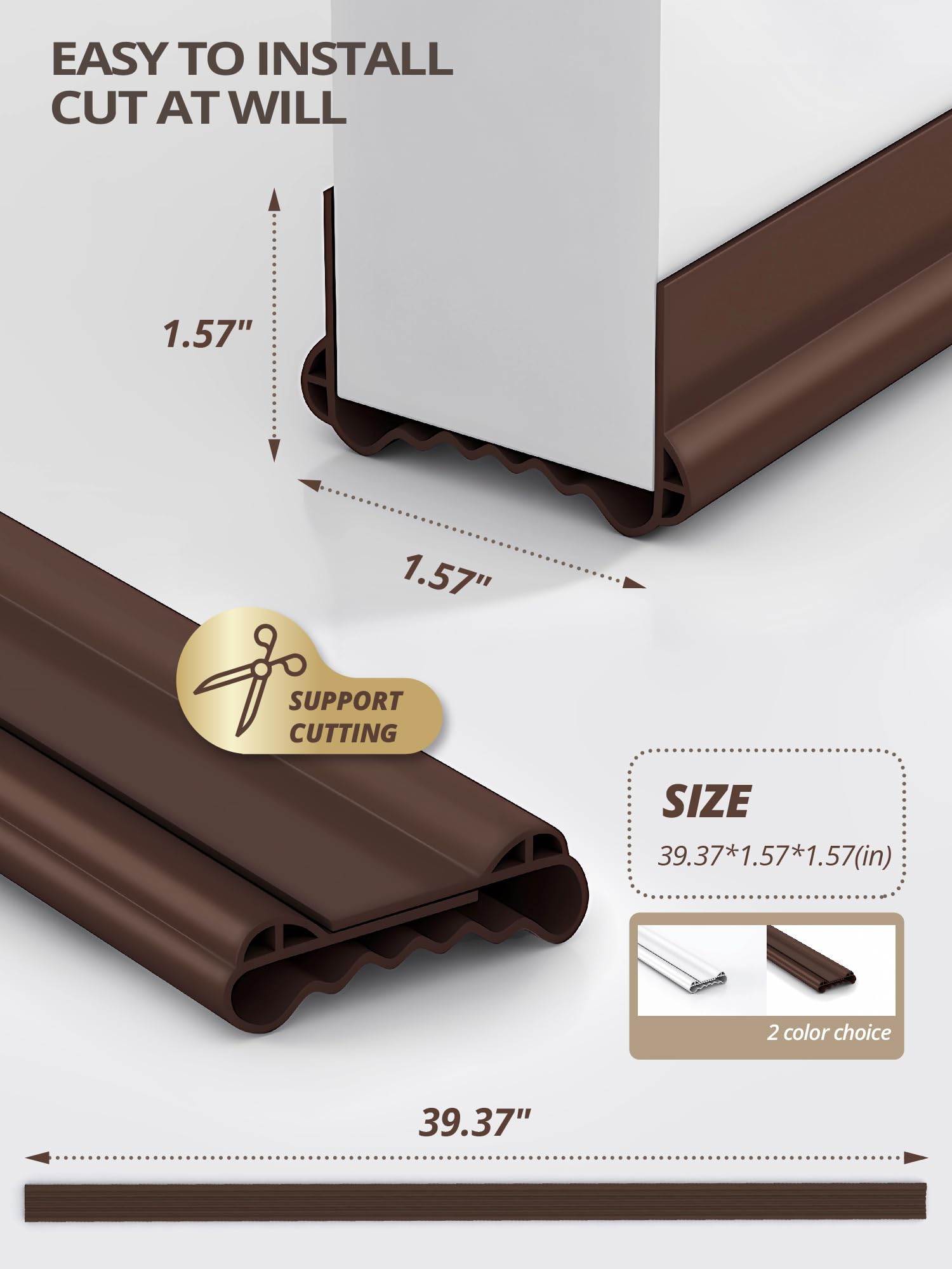 Vastaia Door Draft Stopper Under Door Draft Blocker Insulator Door Sweep Weather Stripping Noise Stopper Strong Adhesive 39" Length (Brown)