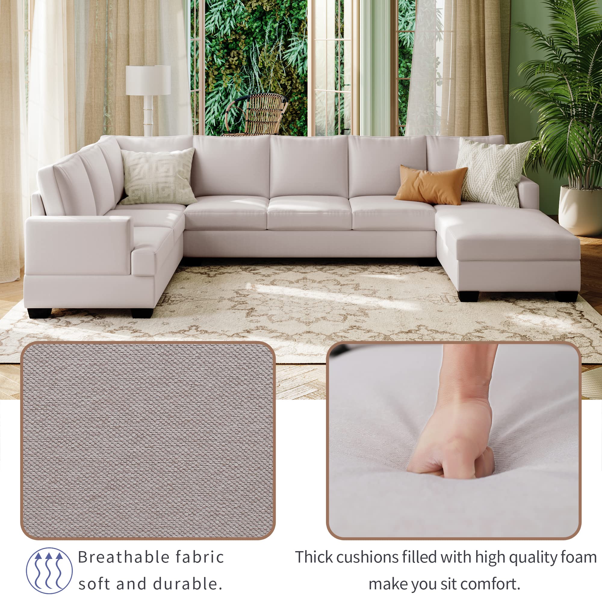 RUNNA U-Shape Upholstered Large Sectional Sofa,Extra Wide Chaise Lounge Couch,for Apartment Living Room Furniture (Beige@N)