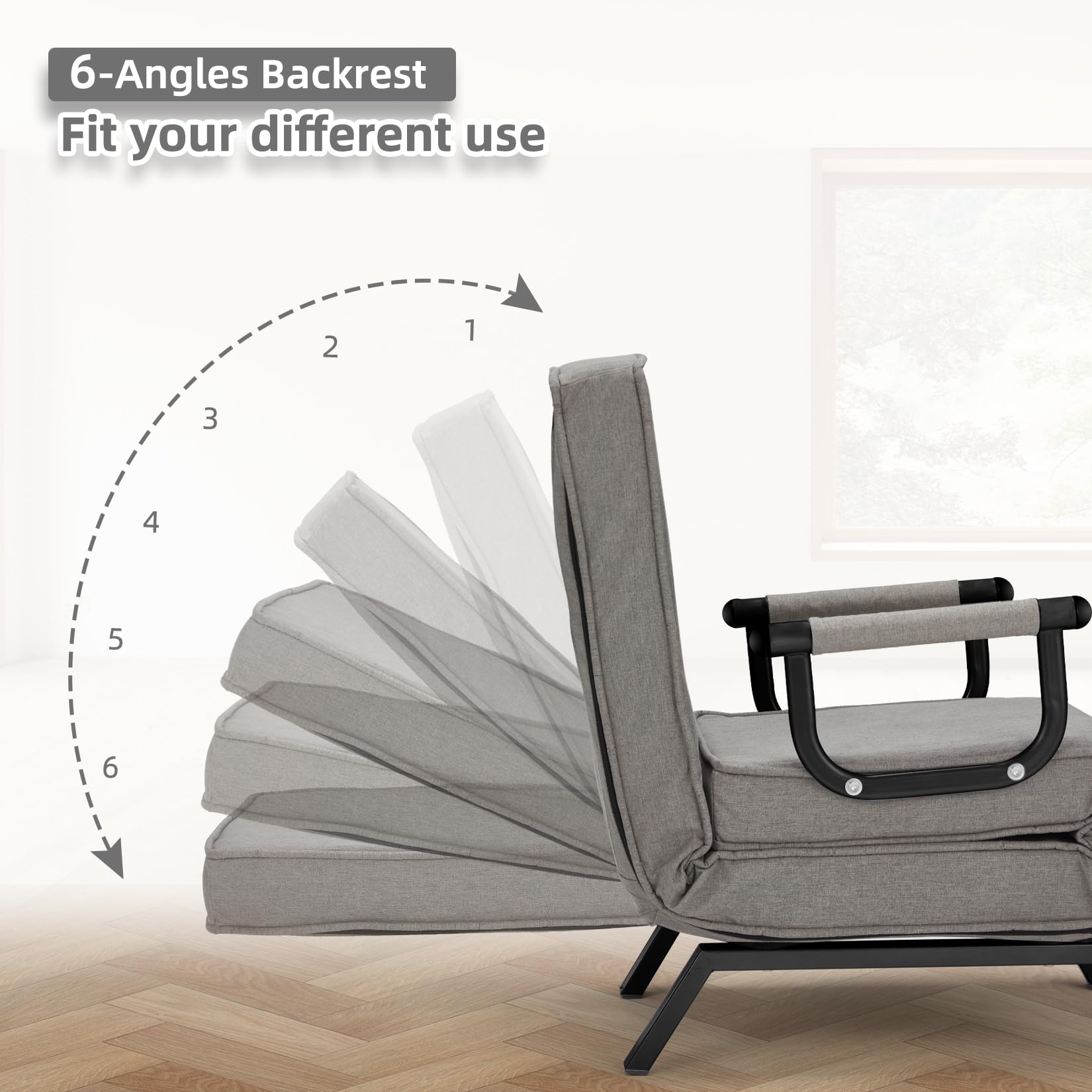 Hupmad Convertible Bed Sleeper Chair,Tri-fold Upholstered Armchair Sleeper with Pillow,Folding Leisure Chaise Lounge Couch with 6 Angle Adjustable Backrest,Single Lazy Bed for Office Apartment