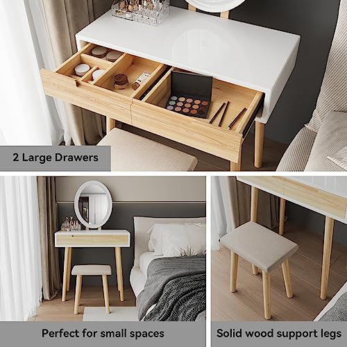 YOURLITE Makeup Vanity Desk with Lights,Small Vanity with Adjustable Brightness Mirror for Samll Spaces,Vanity Desk with Drawers (31.5", Oval Mirror Wood)