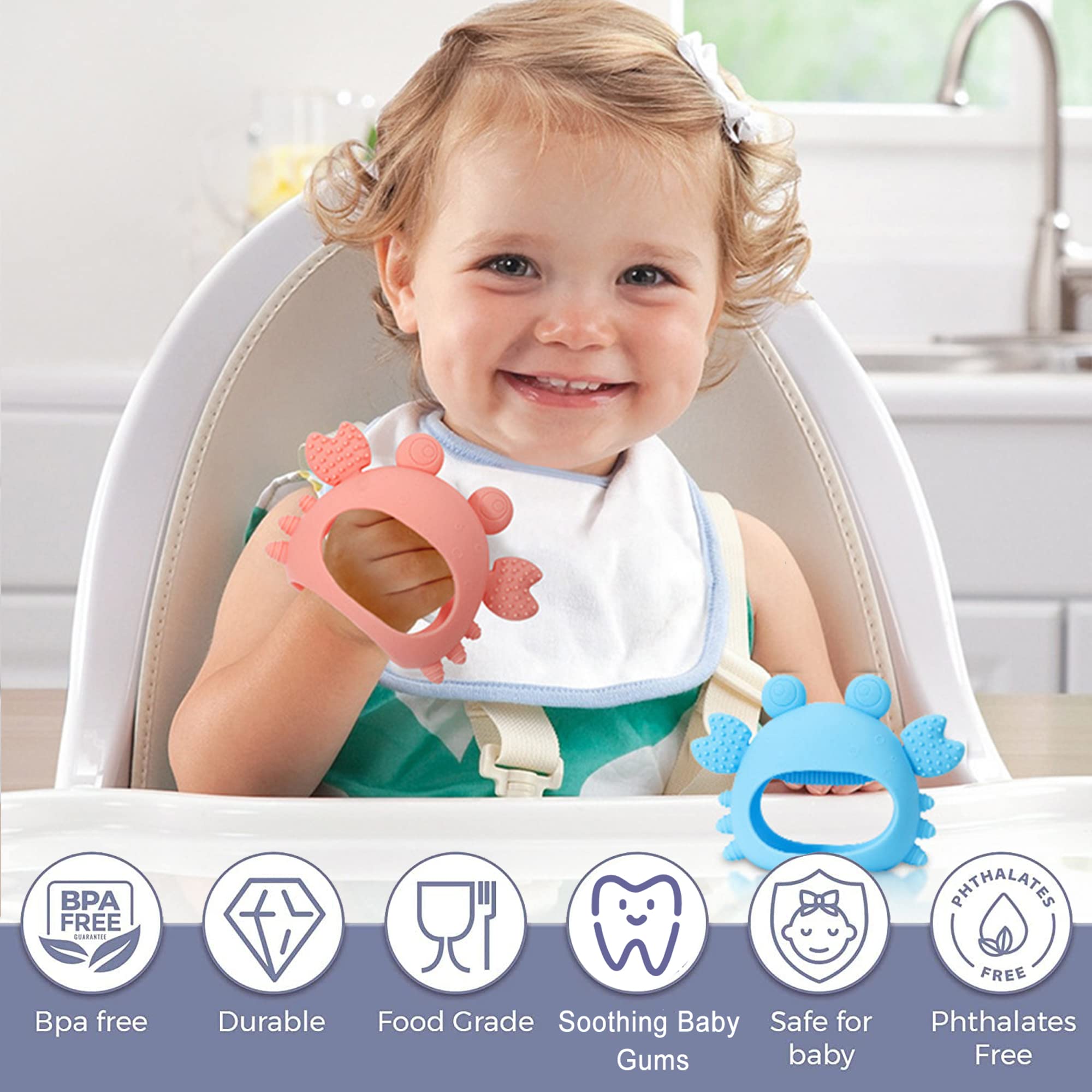 Never Drop Teething Toys for Babies, Baby Mitten Silicone Teether for Soothing Teething Pain Relief, Baby Chew Toys for Sucking Needs (Crab Pink)