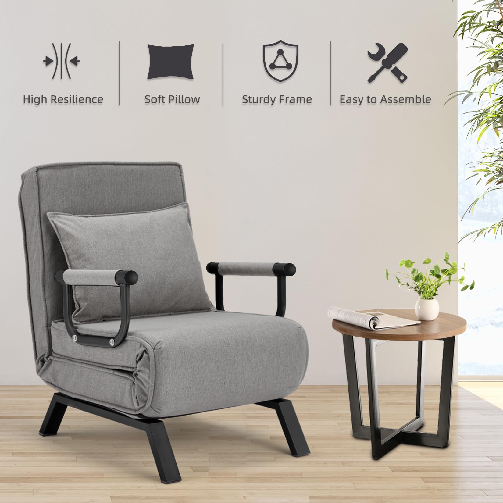 Hupmad Convertible Bed Sleeper Chair,Tri-fold Upholstered Armchair Sleeper with Pillow,Folding Leisure Chaise Lounge Couch with 6 Angle Adjustable Backrest,Single Lazy Bed for Office Apartment