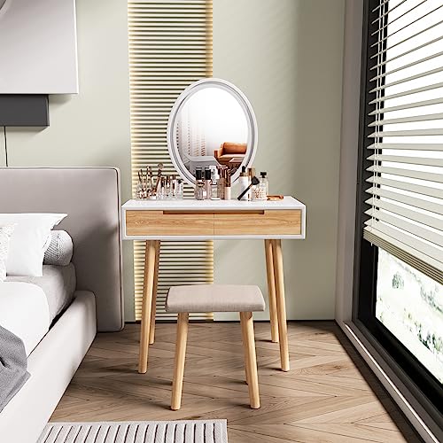 YOURLITE Makeup Vanity Desk with Lights,Small Vanity with Adjustable Brightness Mirror for Samll Spaces,Vanity Desk with Drawers (31.5", Oval Mirror Wood)