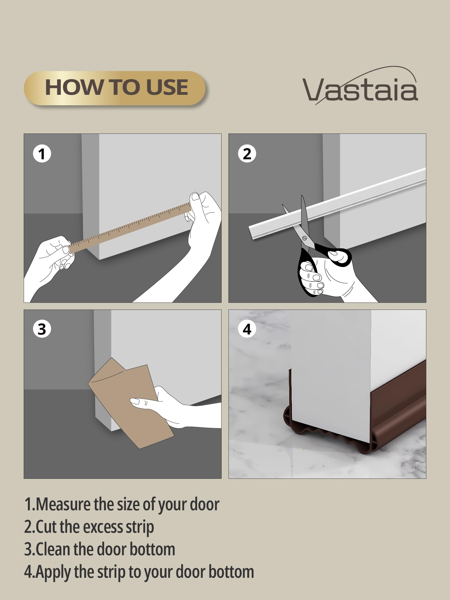 Vastaia Door Draft Stopper Under Door Draft Blocker Insulator Door Sweep Weather Stripping Noise Stopper Strong Adhesive 39" Length (Brown)