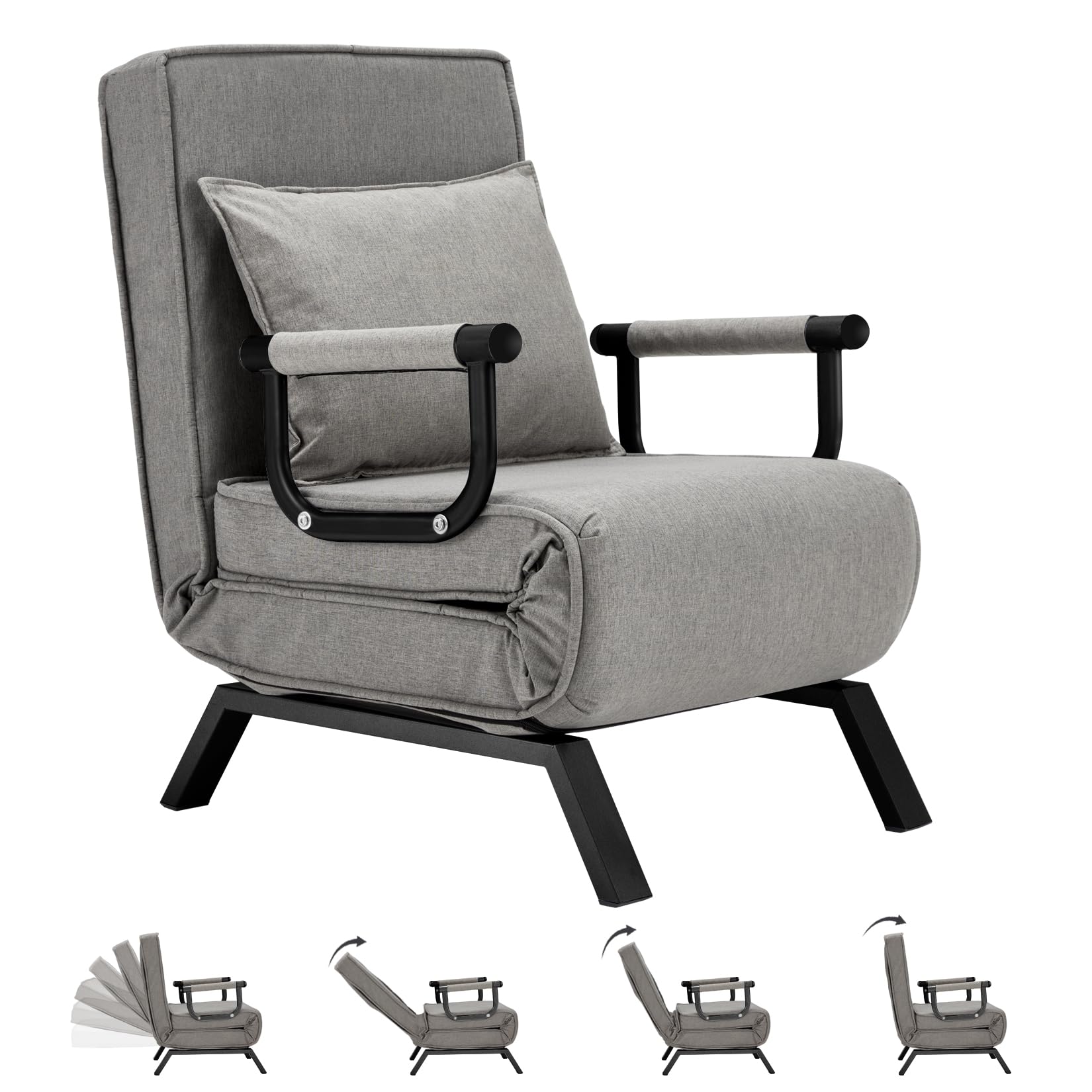 Hupmad Convertible Bed Sleeper Chair,Tri-fold Upholstered Armchair Sleeper with Pillow,Folding Leisure Chaise Lounge Couch with 6 Angle Adjustable Backrest,Single Lazy Bed for Office Apartment