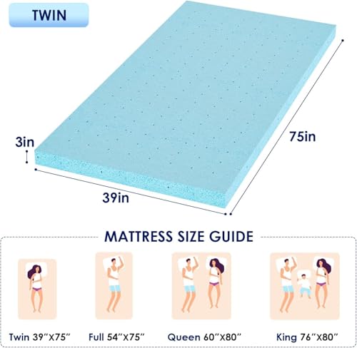 BLKMTY Twin Mattress Topper 3 Inch Ventilated Memory Foam Mattress Gel Memory Mattress Topper Breathable Soft Mattress in a Box, Blue