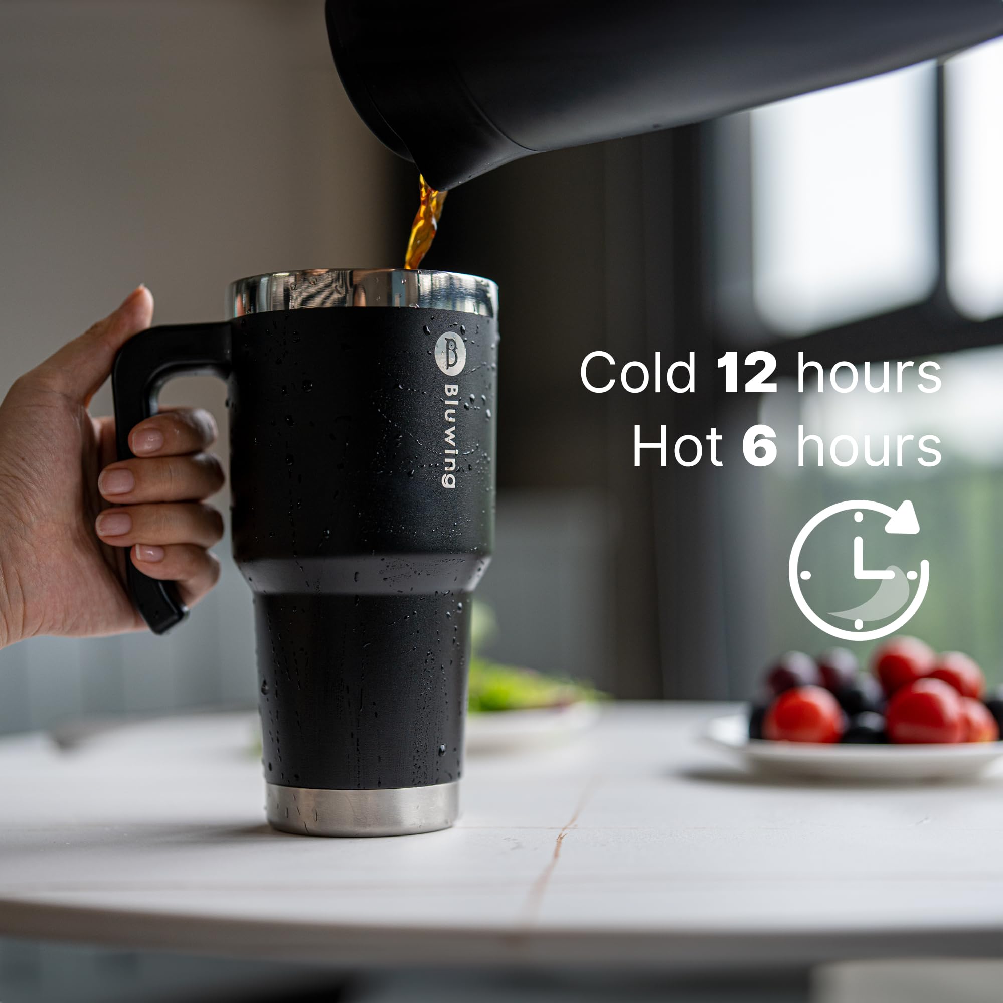Bluwing Stainless Steel Coffee Tumbler with Handle, 30 oz Double Wall Vacuum Insulated Water Tumbler with Spill Proof Lid for Travel(Black)
