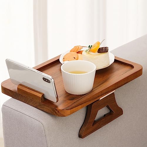 GEHE Acacia Wood Couch Arm Table, Folding Sofa Arm Table with 360 Rotating Phone Bracket, Wooden Couch Arm Tray for Small Spaces, Sofa table for Eating and Drinking, Back Non-slip Pad