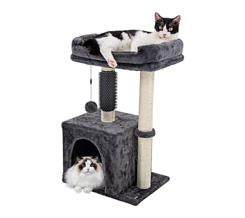 Hapineko Small Cat Tree Tower,Cat Scratching Post for Indoor Cats,Featuring with Cat Cave and Cozy Perch,Cat Self Groomer and Interactive Dangling Ball Great for Kittens and Cats 26.8" (Smoky Gray)