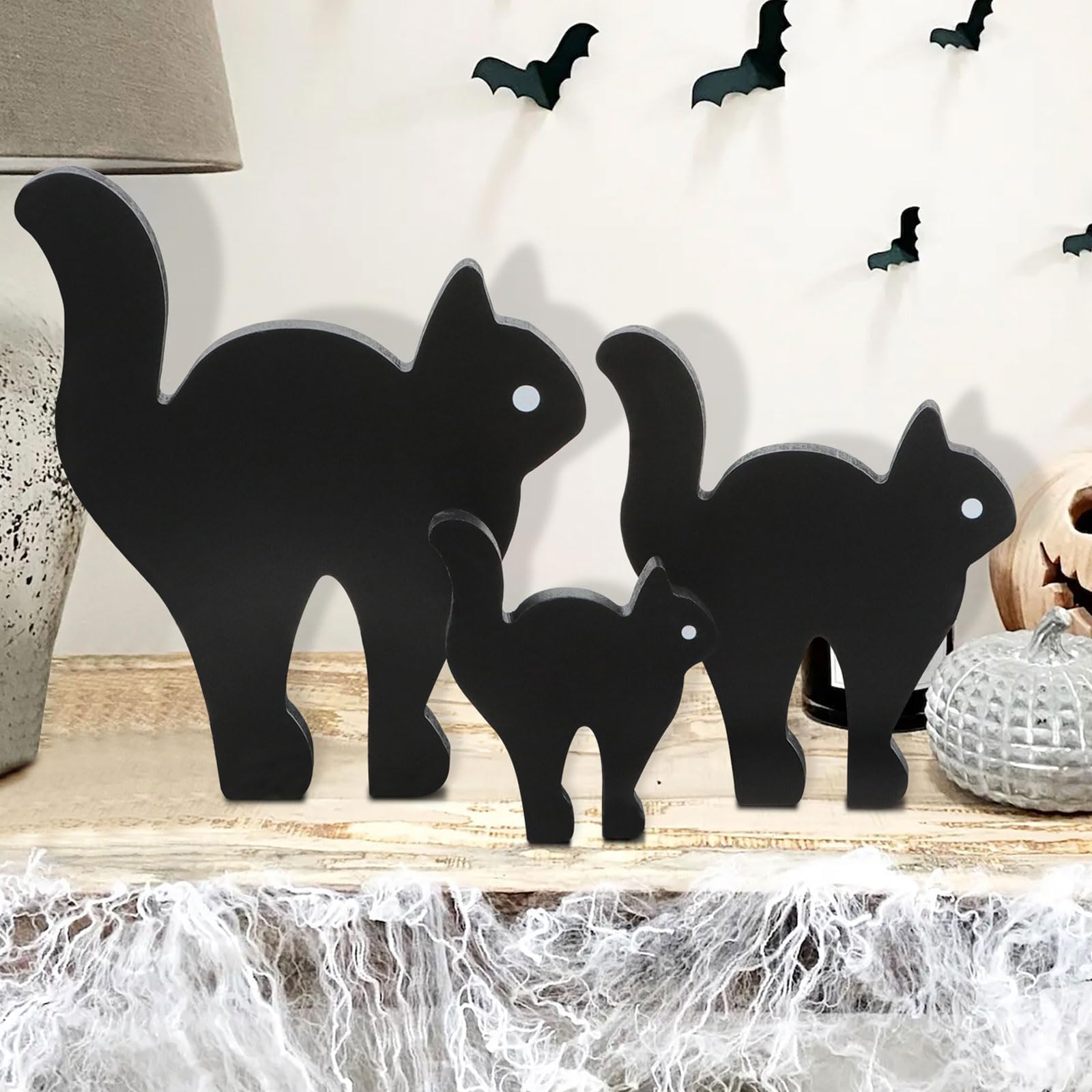 Halloween Decorations Indoor-3PCS Wooden Black Cat for Halloween Decor-Three Sizes Halloween Wood Signs for Home Kitchen Party Shelf Mantel Table Decor
