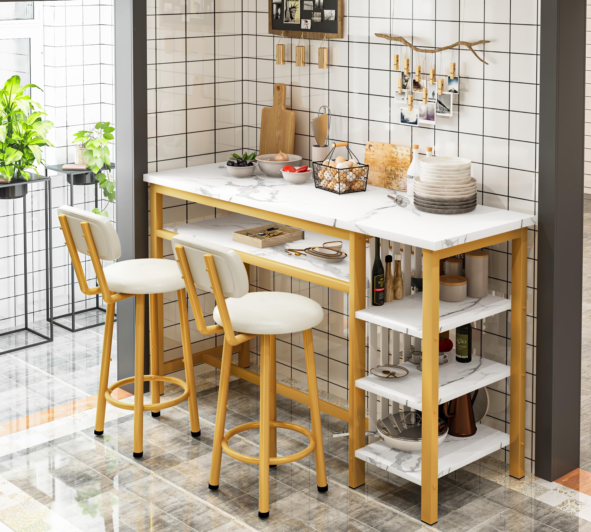 AWQM Bar Table Set of 2 with Storage Shelves, 47" White Faux Marble Dining Set with 2 Upholstered Counter Height Backrest Chairs, 3-Piece Dining Set for 2, Space Saving Table for Home & Kitchen