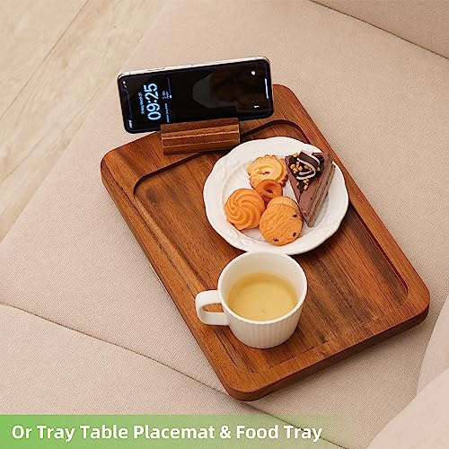 GEHE Acacia Wood Couch Arm Table, Folding Sofa Arm Table with 360 Rotating Phone Bracket, Wooden Couch Arm Tray for Small Spaces, Sofa table for Eating and Drinking, Back Non-slip Pad