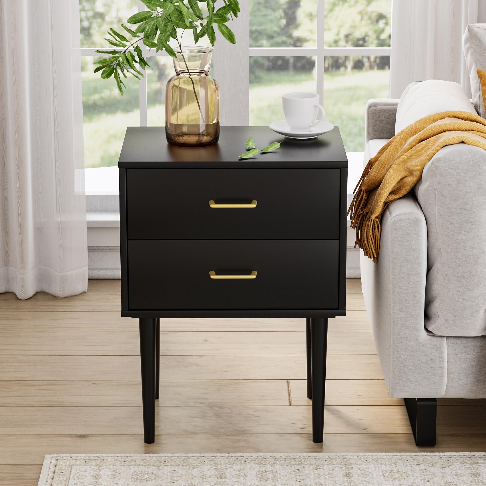 Modern Nightstand with Drawers Black Night Stands for Bedroom,Wood Bedside Table with Drawers,Nightstands Suitable for Salon and Office,Mesita De Noche para Cuarto,26 Inch Tall,2- Drawer