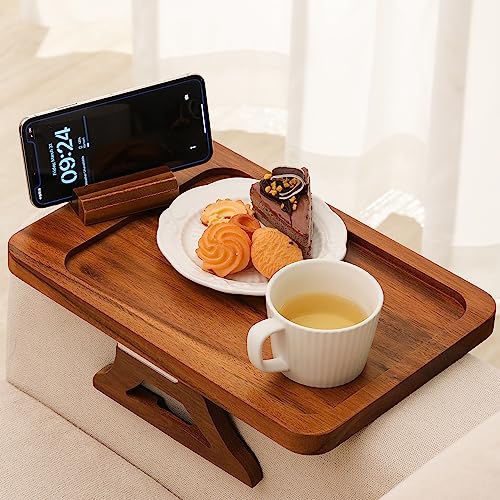 GEHE Acacia Wood Couch Arm Table, Folding Sofa Arm Table with 360 Rotating Phone Bracket, Wooden Couch Arm Tray for Small Spaces, Sofa table for Eating and Drinking, Back Non-slip Pad