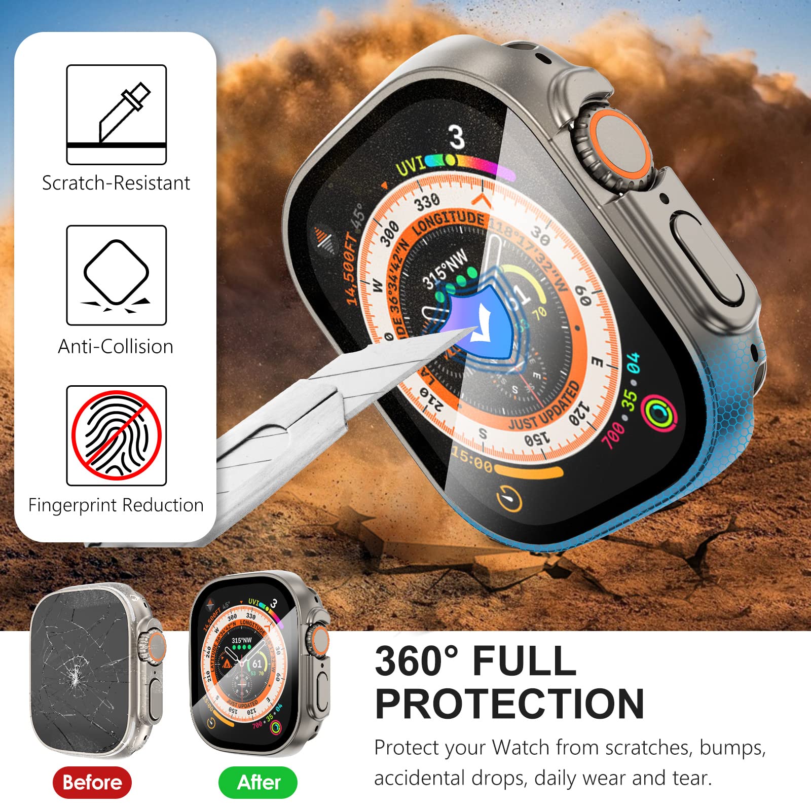 Wingle 2 in 1 Waterproof Case for Apple Watch Ultra 2 Screen Protector 49mm Case Cover, 2 Pack 360 Protective Glass Face Cover Hard PC Bumper + Back Frame for iWatch Ultra/Ultra 2 49 mm, Titanium