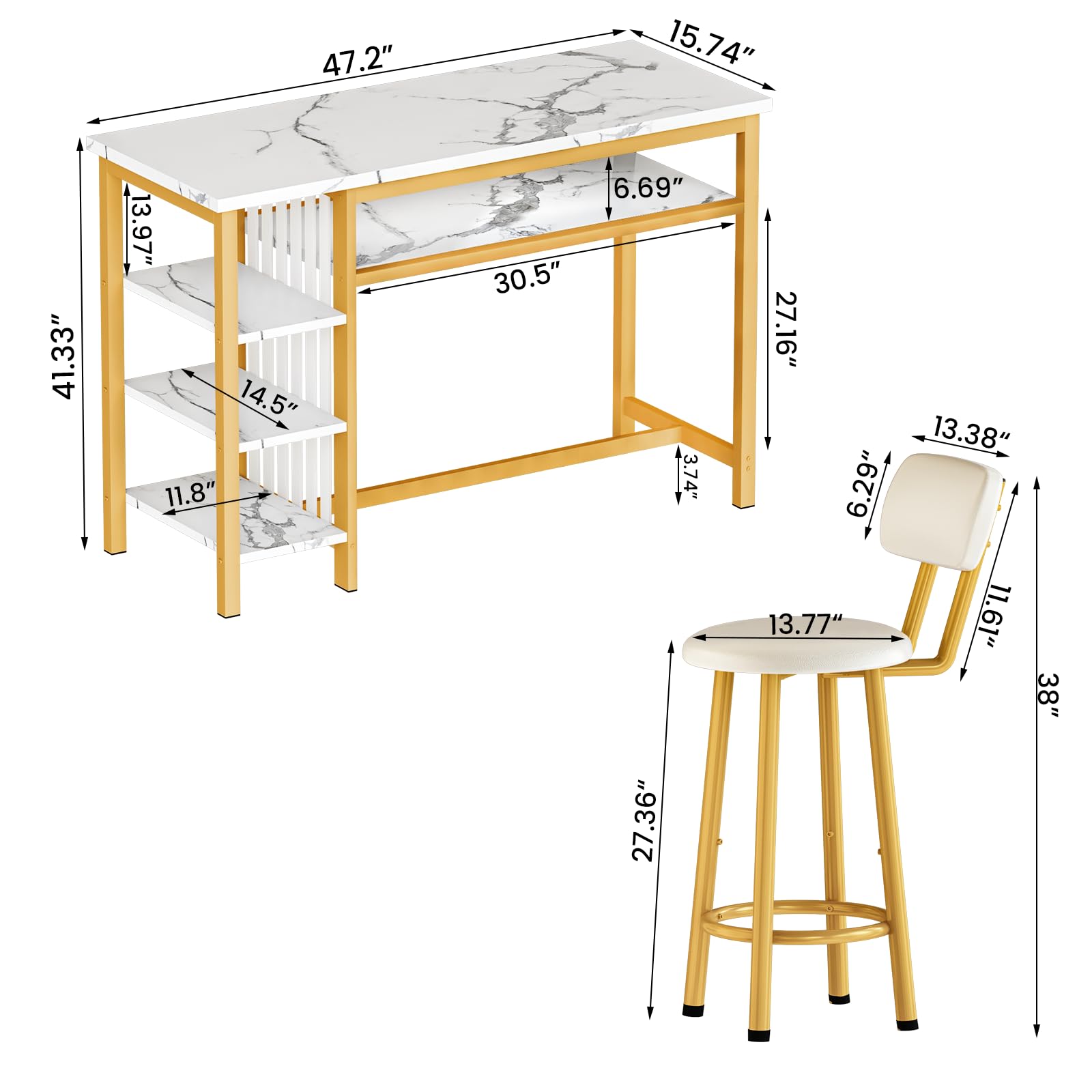 AWQM Bar Table Set of 2 with Storage Shelves, 47" White Faux Marble Dining Set with 2 Upholstered Counter Height Backrest Chairs, 3-Piece Dining Set for 2, Space Saving Table for Home & Kitchen