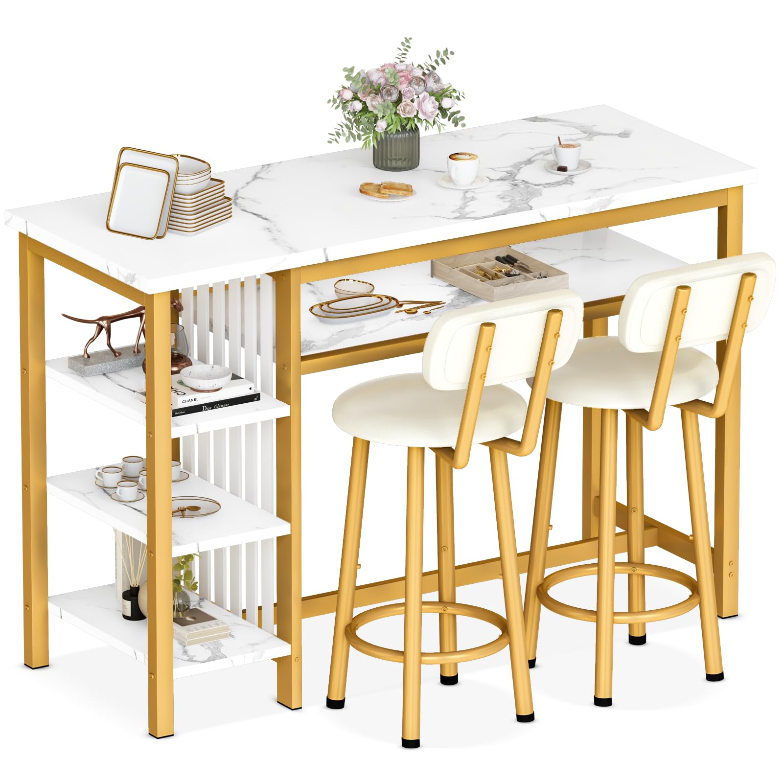 AWQM Bar Table Set of 2 with Storage Shelves, 47" White Faux Marble Dining Set with 2 Upholstered Counter Height Backrest Chairs, 3-Piece Dining Set for 2, Space Saving Table for Home & Kitchen
