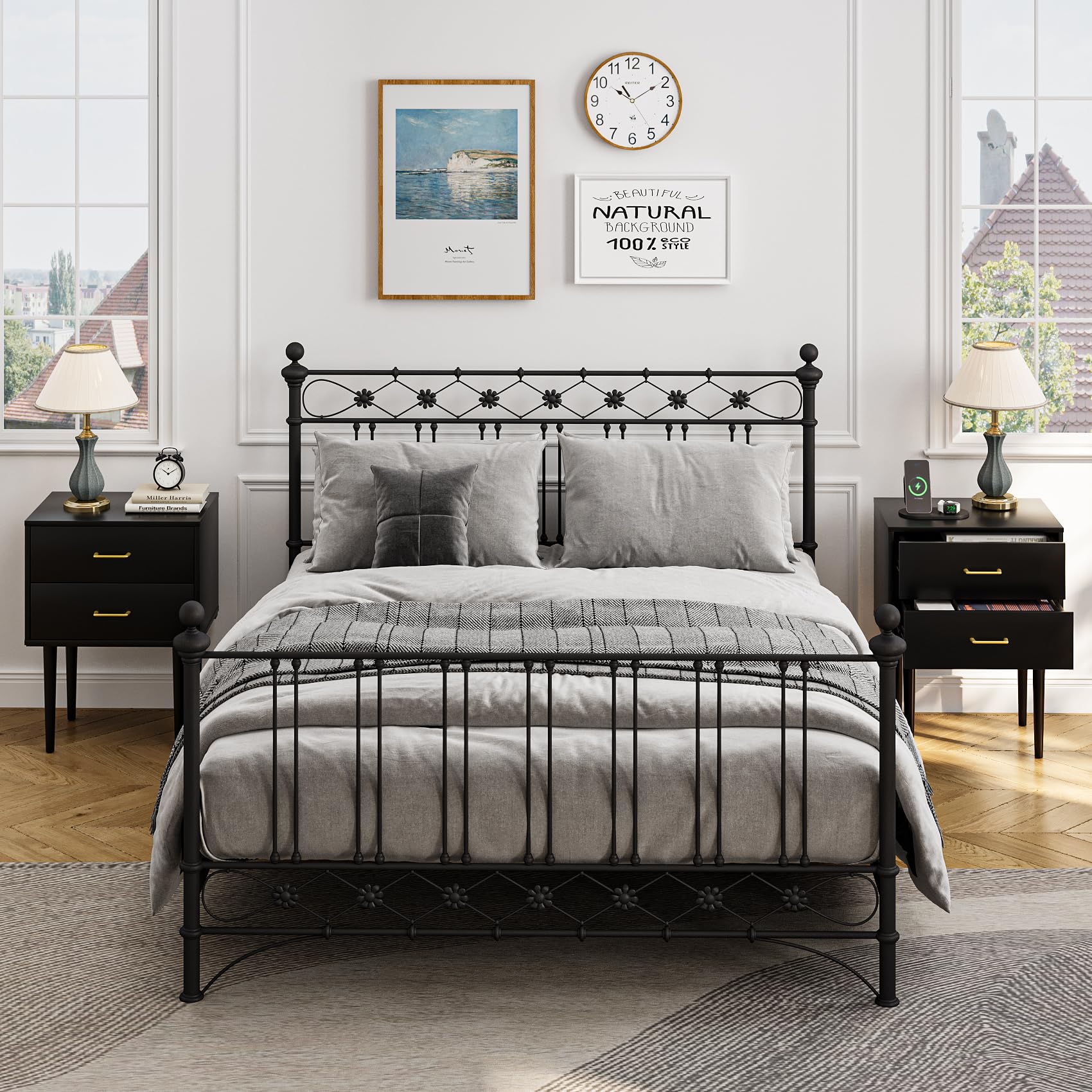 Modern Nightstand with Drawers Black Night Stands for Bedroom,Wood Bedside Table with Drawers,Nightstands Suitable for Salon and Office,Mesita De Noche para Cuarto,26 Inch Tall,2- Drawer